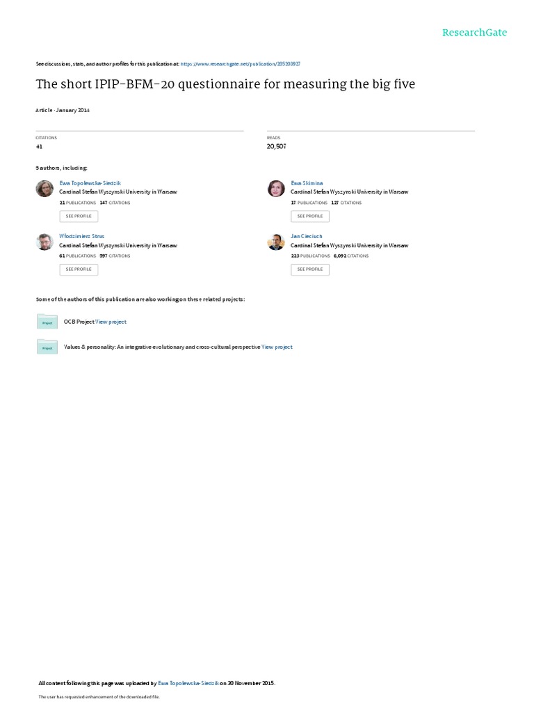 The Short IPIP-BFM-20 Questionnaire For Measuring The Big Five | PDF ...