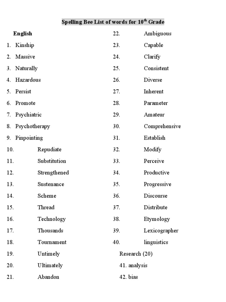 Spelling Bee List of words for 10th Grade | PDF | Eukaryotes | Cell Biology