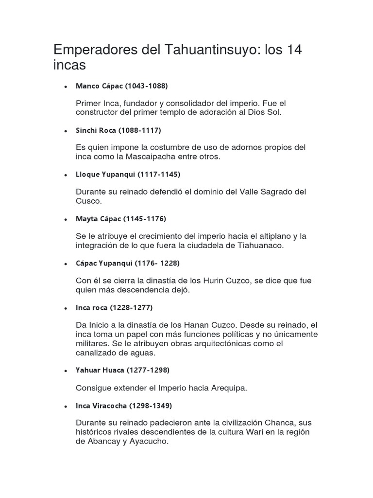 Emperadores Del Tahuantinsuyo | PDF | Imperio Inca | Perú
