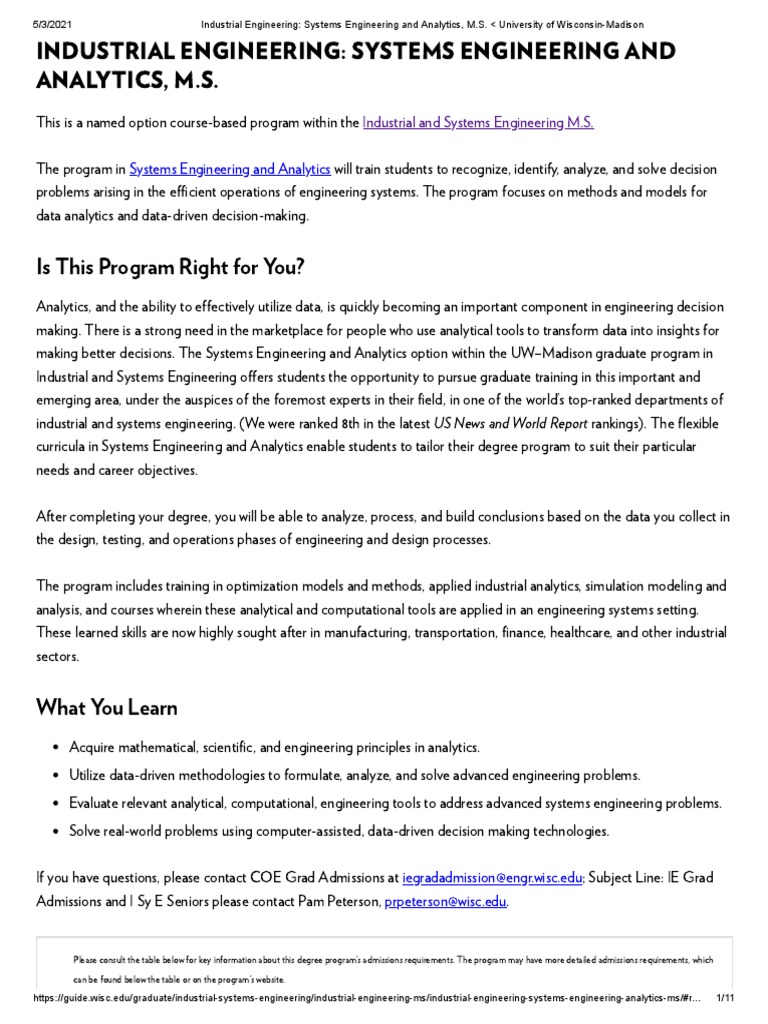 Industrial Engineering - Systems Engineering and Analytics, M.S. - University of Wisconsin ...