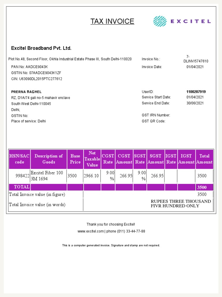 Tax Invoice: Excitel Broadband Pvt. LTD | PDF | Public Law | Economies