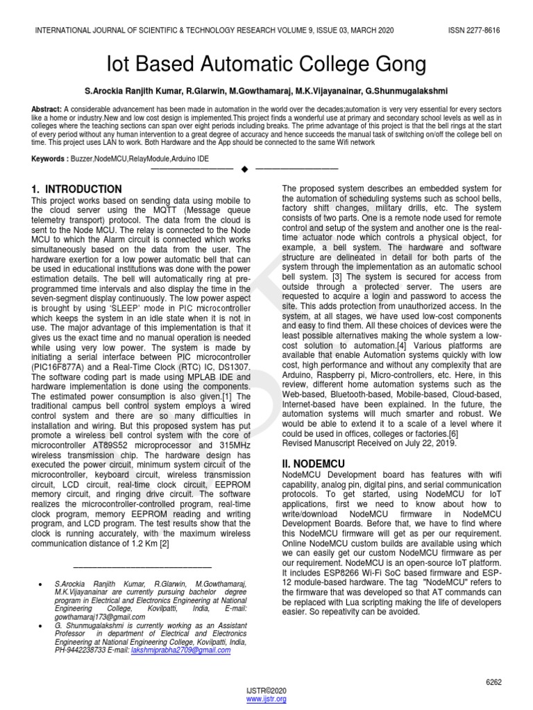 Iot Based Automatic College Gong: S.Arockia Ranjith Kumar, R.Glarwin, M ...