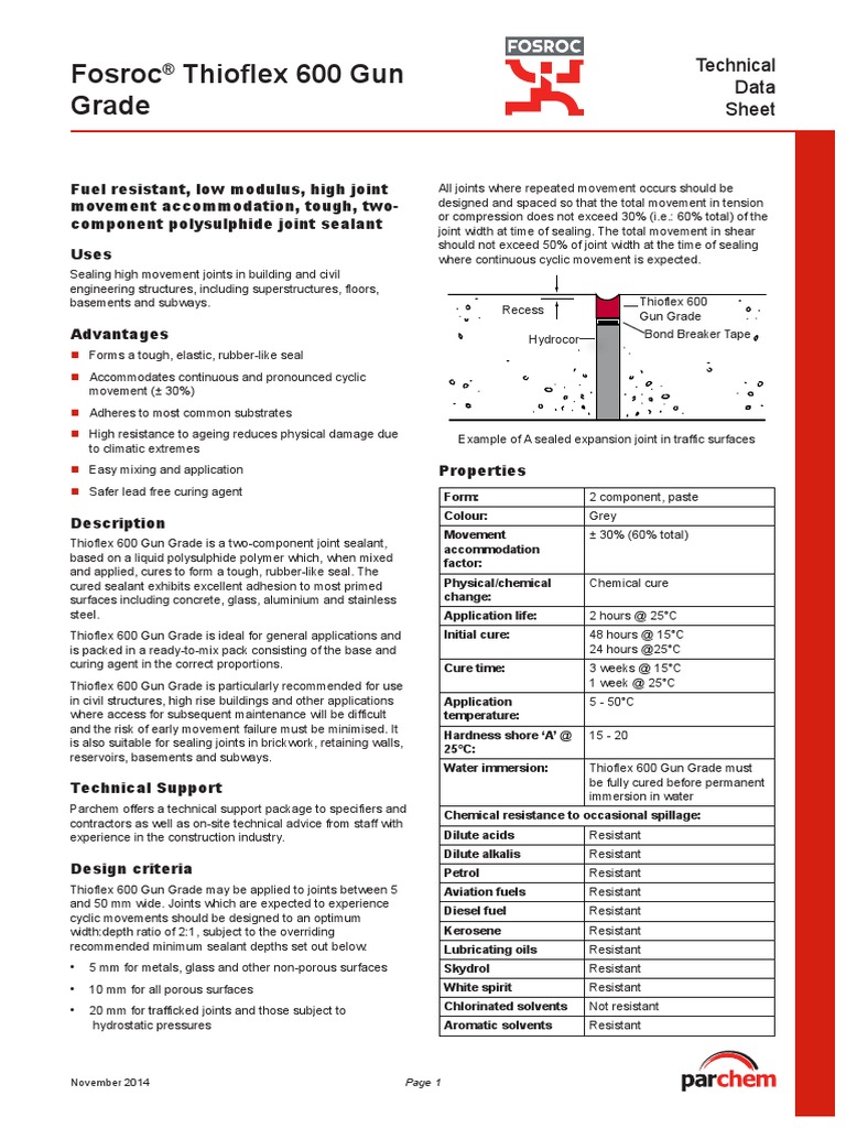 Fosroc Thioflex 600 Gun Grade: Technical Data Sheet | PDF | Liquids ...