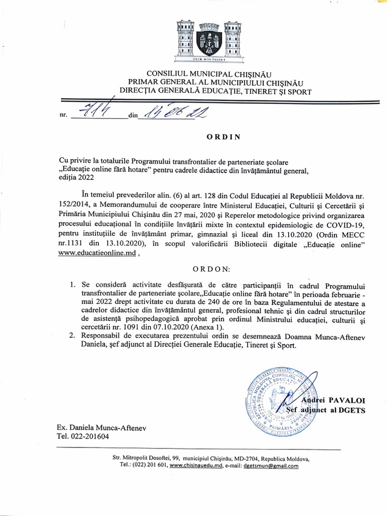 Ordin nr.714 Din 15.06.2022 Cu Privire La Totalurile Programului ...