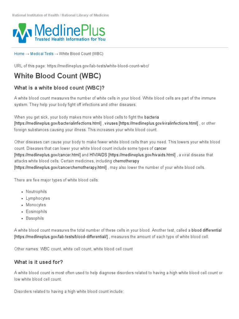 White Blood Count (WBC) - MedlinePlus Medical Test | PDF | White Blood ...