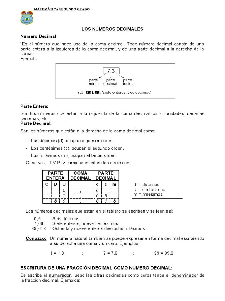 Los Numeros Decimales para Segundo de Primaria | PDF | Decimal ...