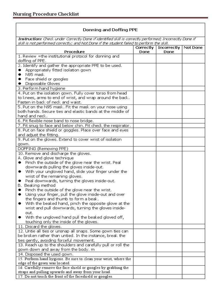 Nursing PPE Donning & Doffing Checklist | PDF | Personal Protective ...