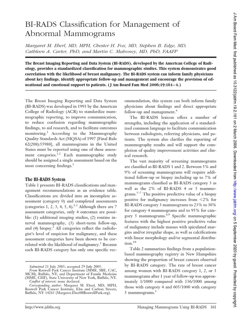 BI-RADS Classification For Management of Abnormal Mammograms | PDF ...