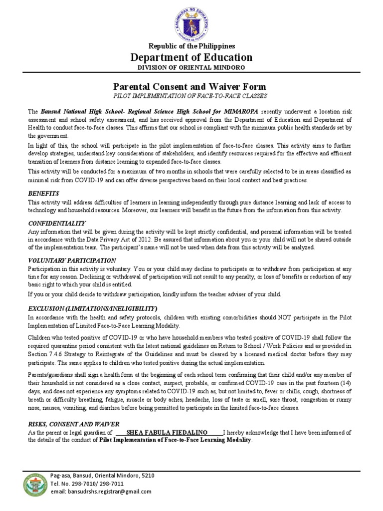Department of Education: Parental Consent and Waiver Form | PDF