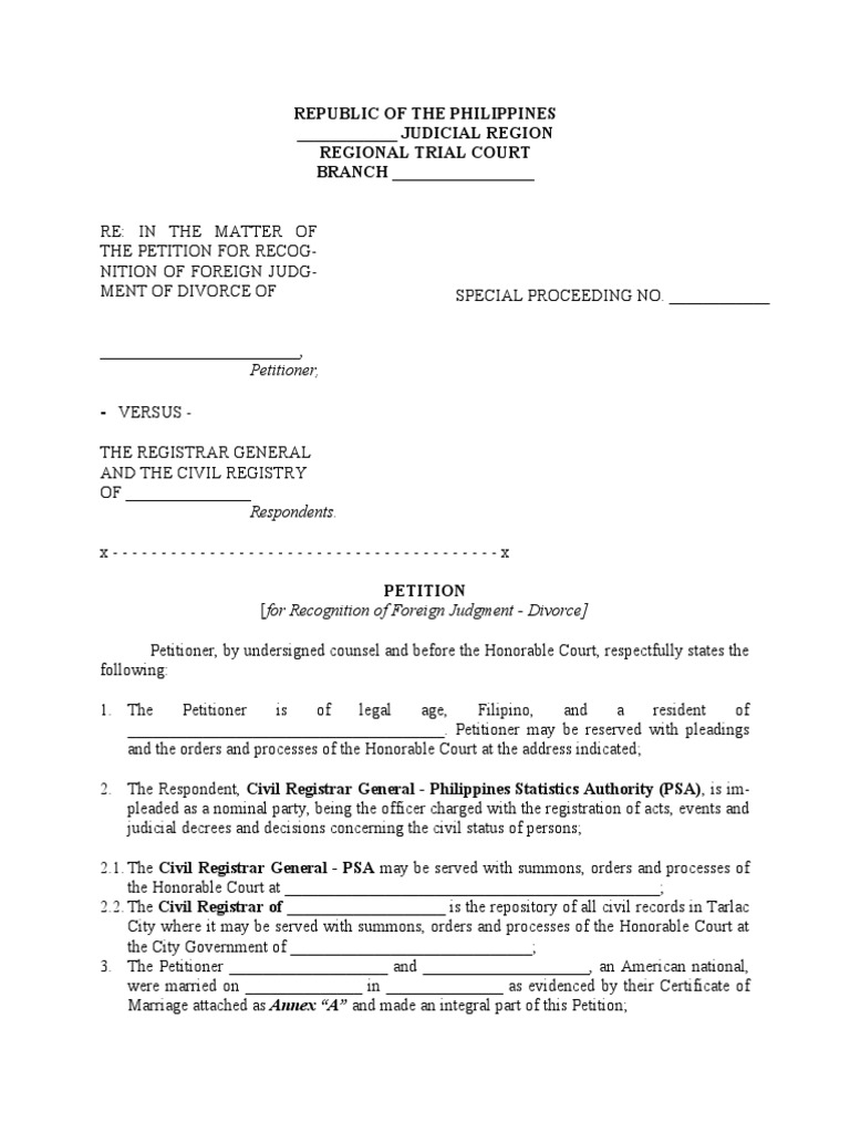 Petition For Recognition Divorce | PDF | Divorce | Marriage