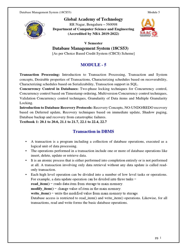 18cs53 Dbms Module 5 Pdf Database Transaction Databases 0550