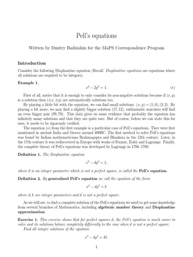 Pell's Equations - Pells - Equations - Notes | PDF | Equations | Square ...