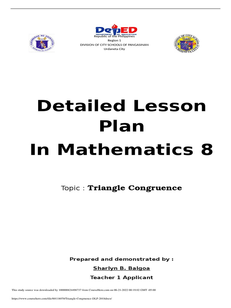 Detailed Lesson Plan in Mathematics 8: Triangle Congruence | PDF ...