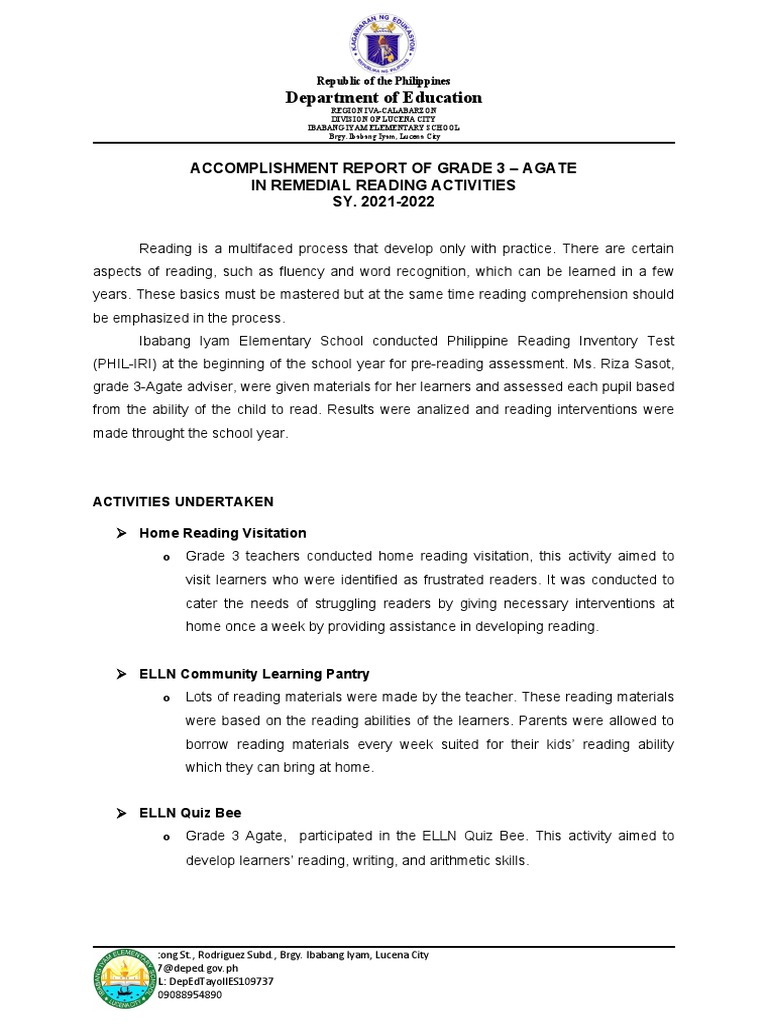 ACCOMPLISHMENT REPORT OF GRADE 3-Reading | PDF | Applied Linguistics ...