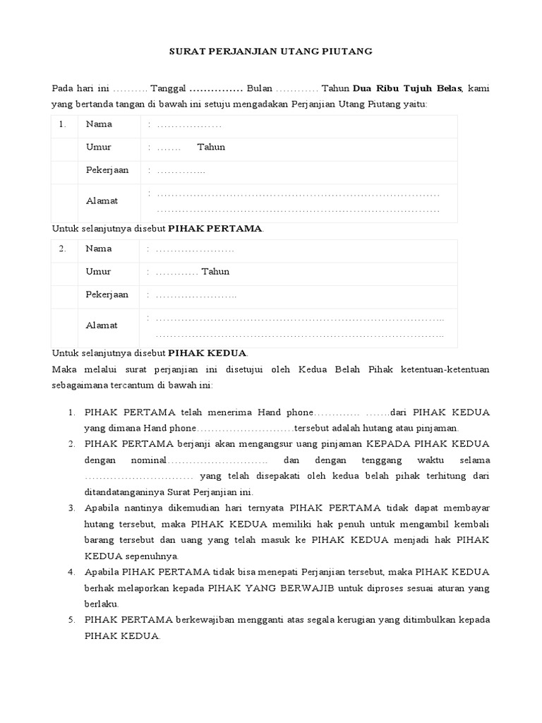 Surat Perjanjian Utang Piutang | PDF