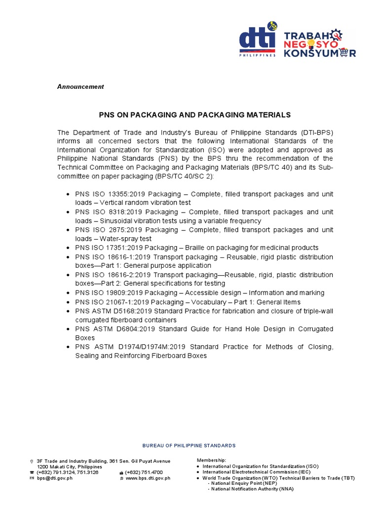 PNS On Packaging and Packaging Materials | PDF | International ...
