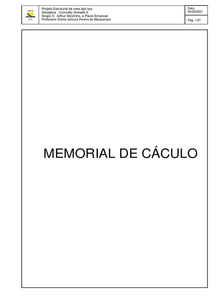 Laje Lisa - Memorial de Cálculo - Grupo 05 | Download grátis PDF ...