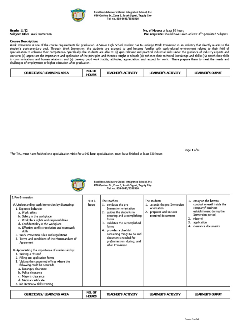 Work Immersion | PDF | Learning | Cognitive Science