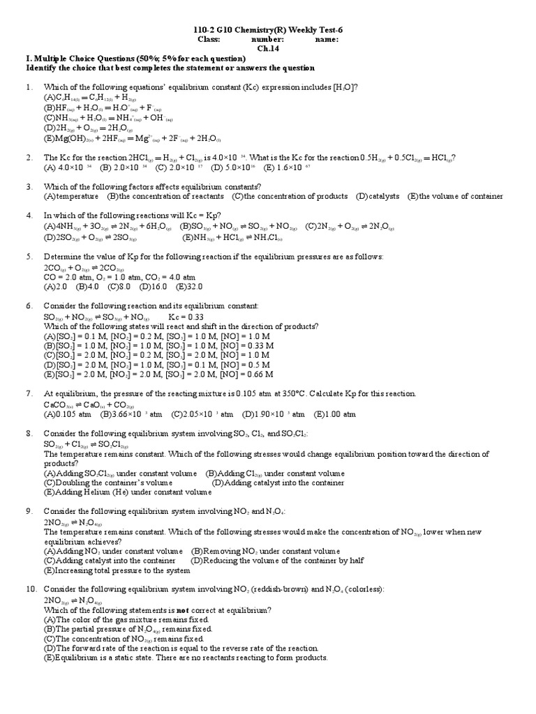 Equilibrium Chemistry: Analysis of a Weekly Chemistry Test Covering ...