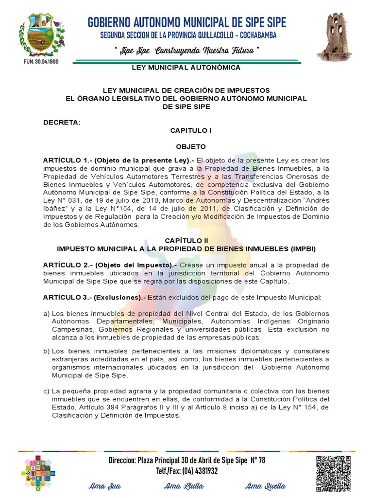 Ley de Impuestos Municipales en Sipe Sipe | PDF | Impuestos | Propiedad