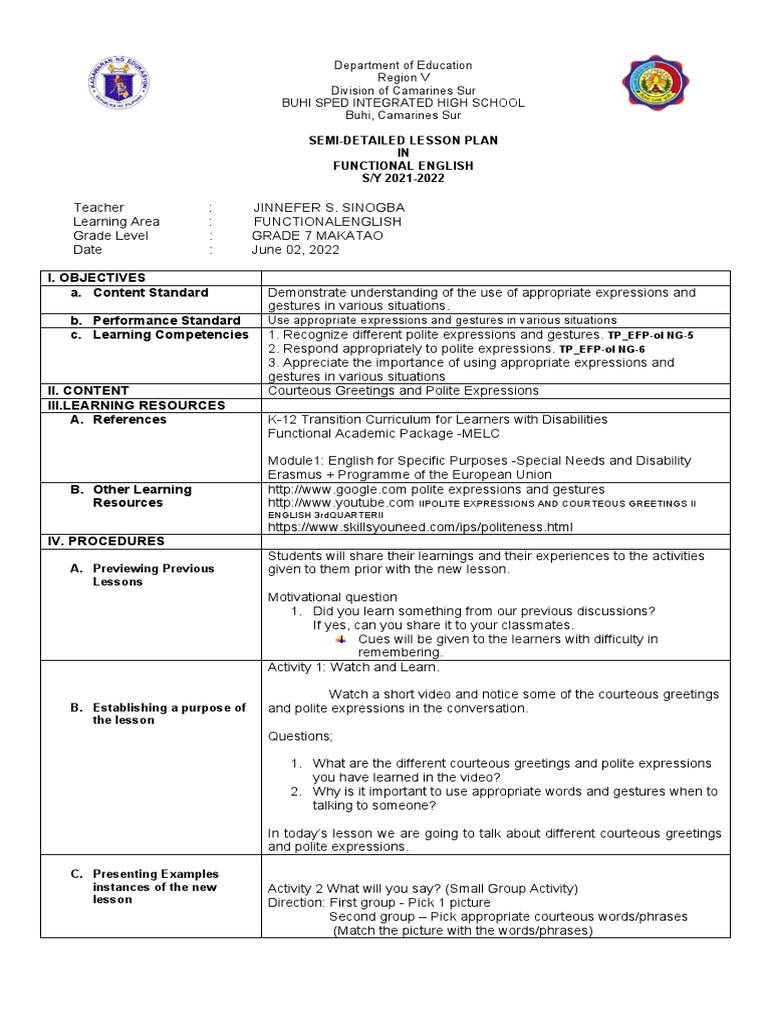 Semi-Detailed Lesson Plan IN Functional English S/Y 2021-2022 | PDF ...