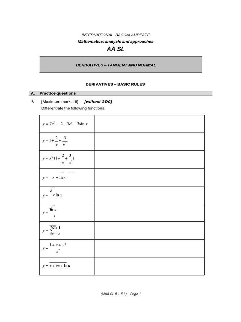 Derivatives Practice for IB Math SL | PDF | Tangent | Derivative