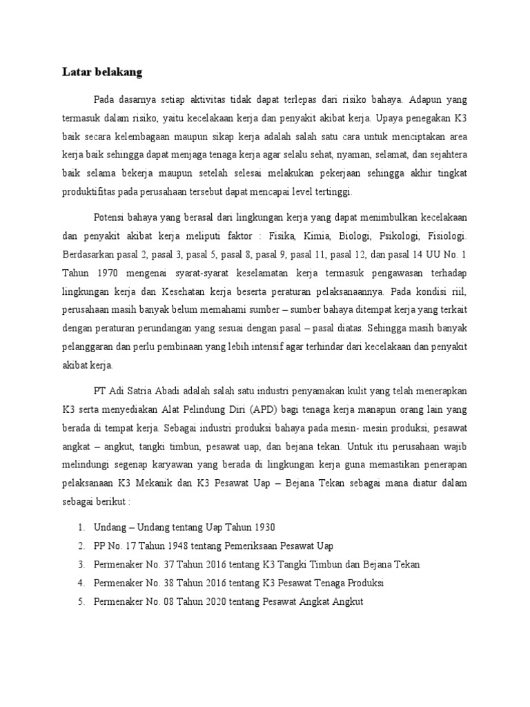 Latar Belakang dan Ruang Lingkup Praktek Lapangan K3 di PT Adi Satria ...