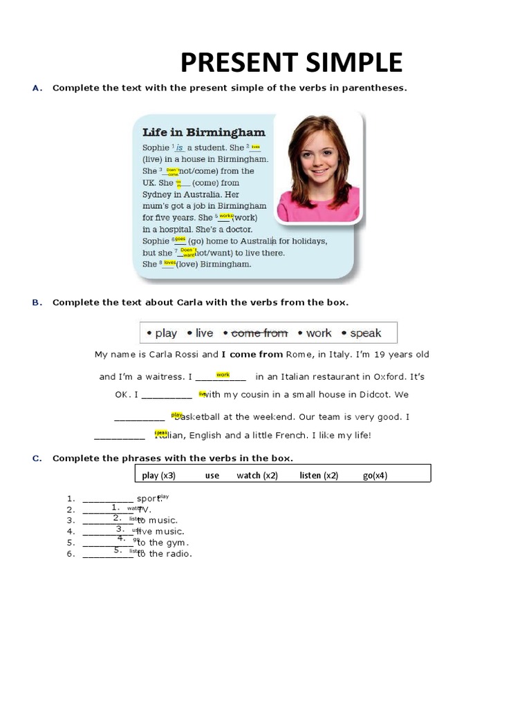 Present Simple: Complete The Text With The Present Simple of The Verbs ...