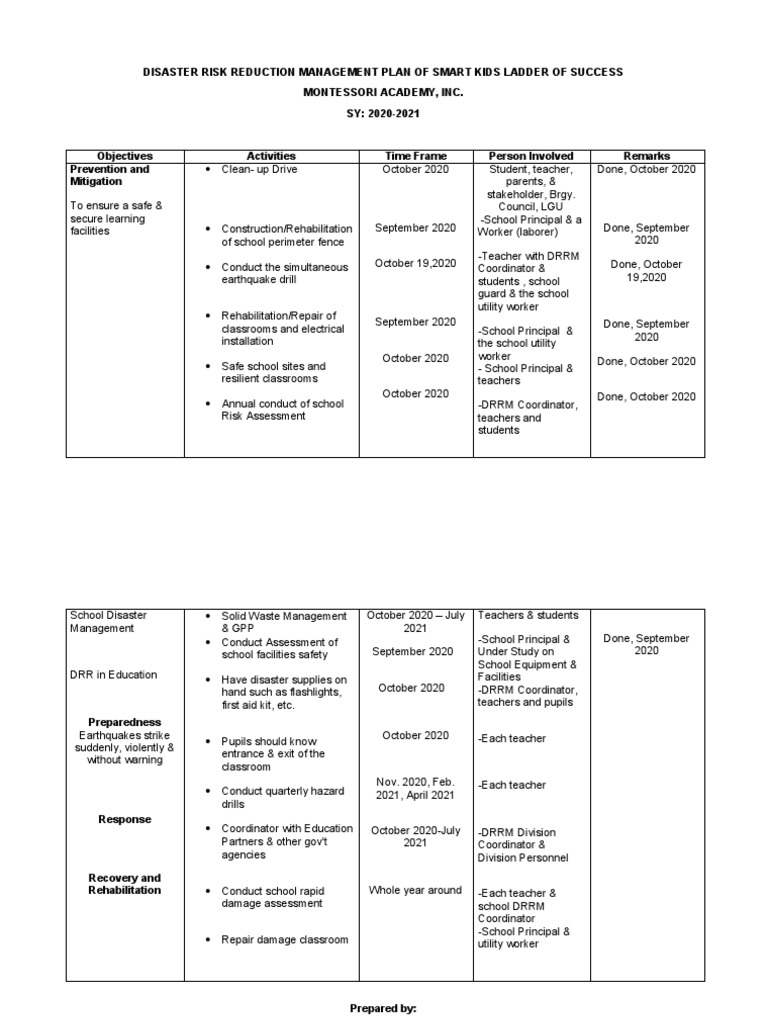 Disaster Risk Reduction Management Plan of Smart Kids Ladder of Success ...