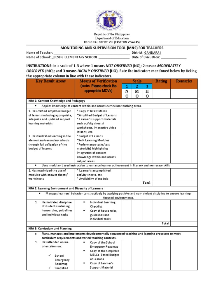 Monitoring and Supervision Tool (M&S) For Teachers | PDF | Educational ...