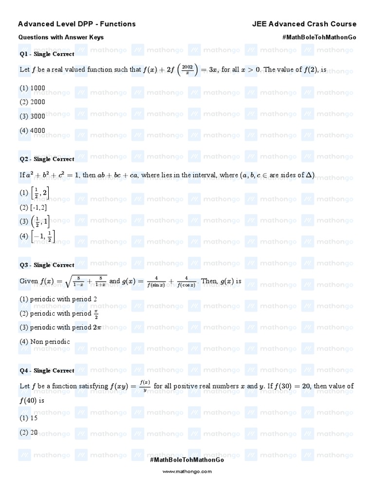 Advanced Level DPP - Functions JEE Advanced Crash Course: Q1 - Single Correct | PDF | Function ...