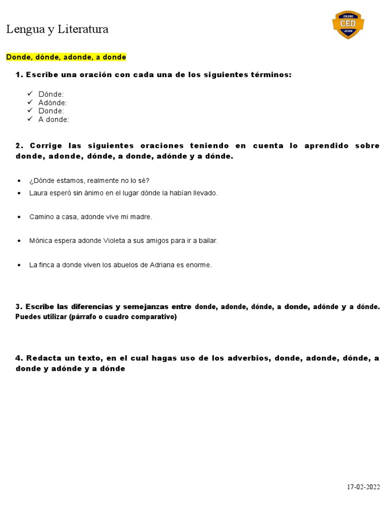 Ejercicio Donde, Dónde, Adonde, A Donde | PDF