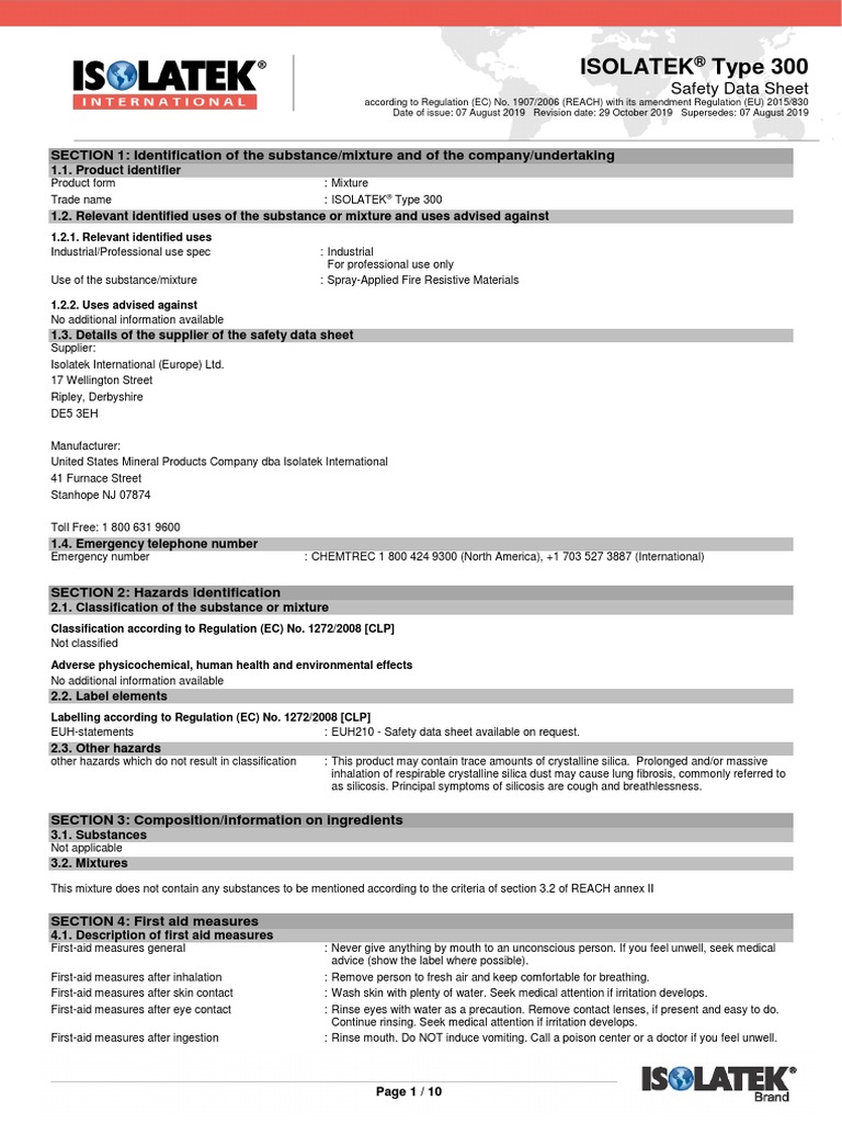Isolatek Type 300: SECTION 1: Identification of The Substance/mixture ...