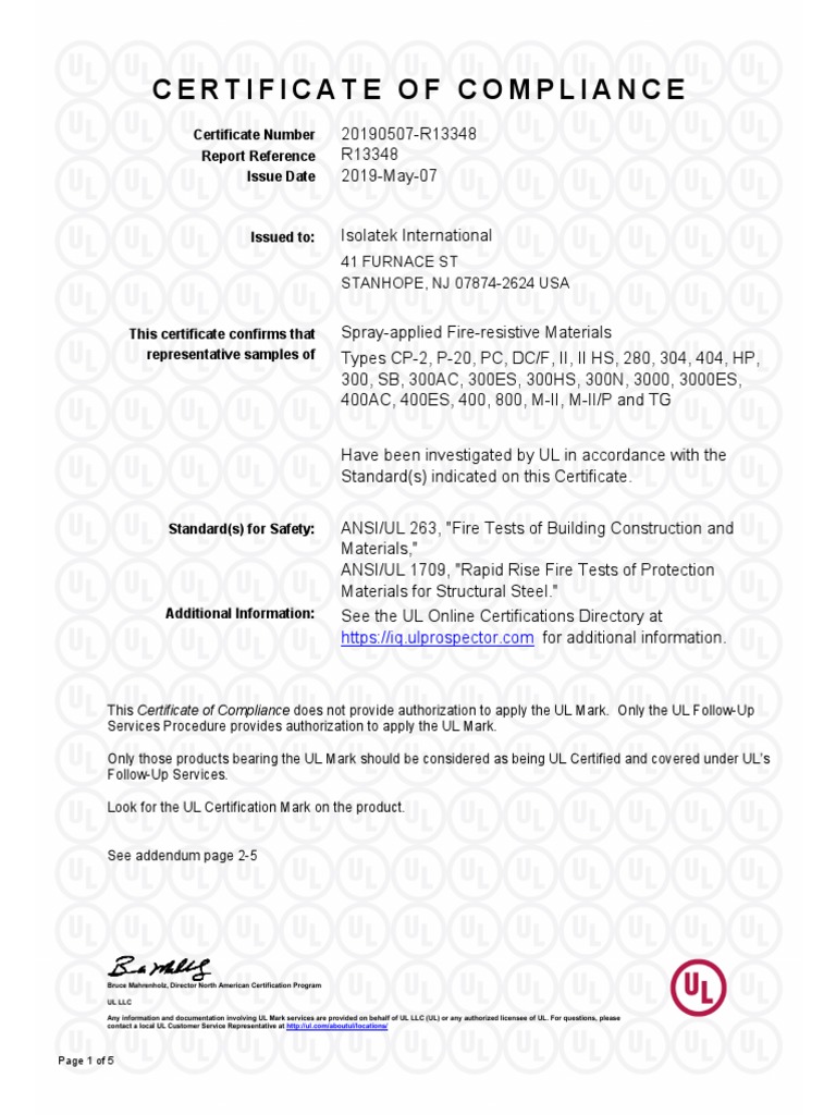 UL Certificate of Compliance All SFRMs May 2019 | PDF