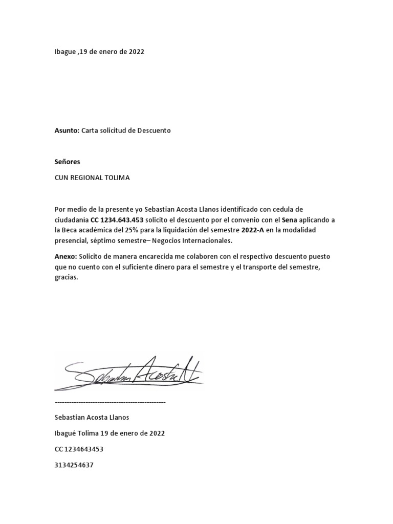 Carta Solicitud de Descuento Cun | PDF