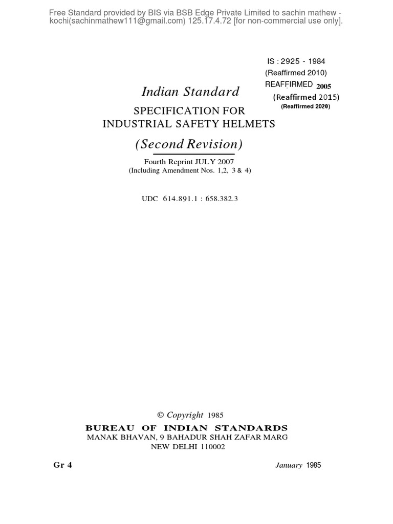 IS 2925 Safety Helmet | PDF | Personal Protective Equipment ...
