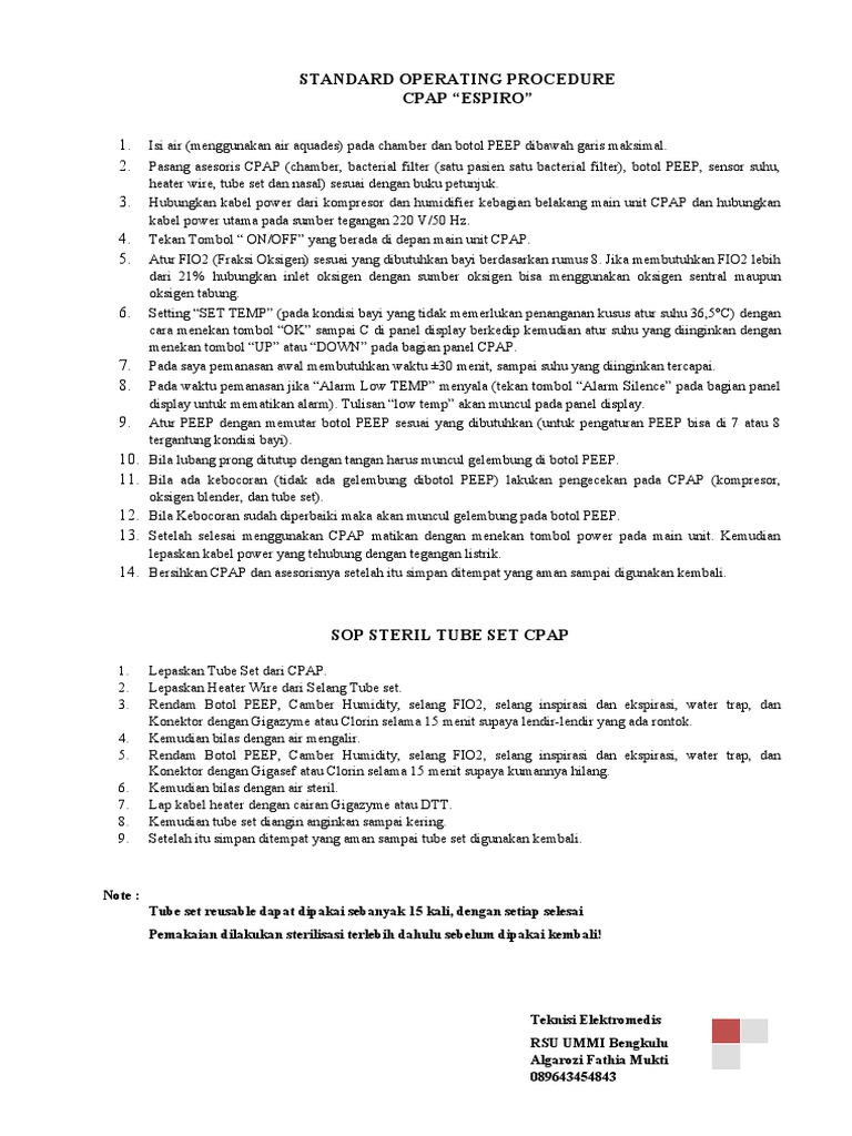 Sop Pengoperasian Cpap Espiro | PDF