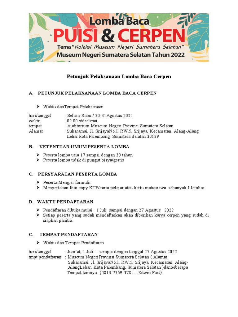 Lomba Baca Cerpen Palembang 2022 | PDF | Seni