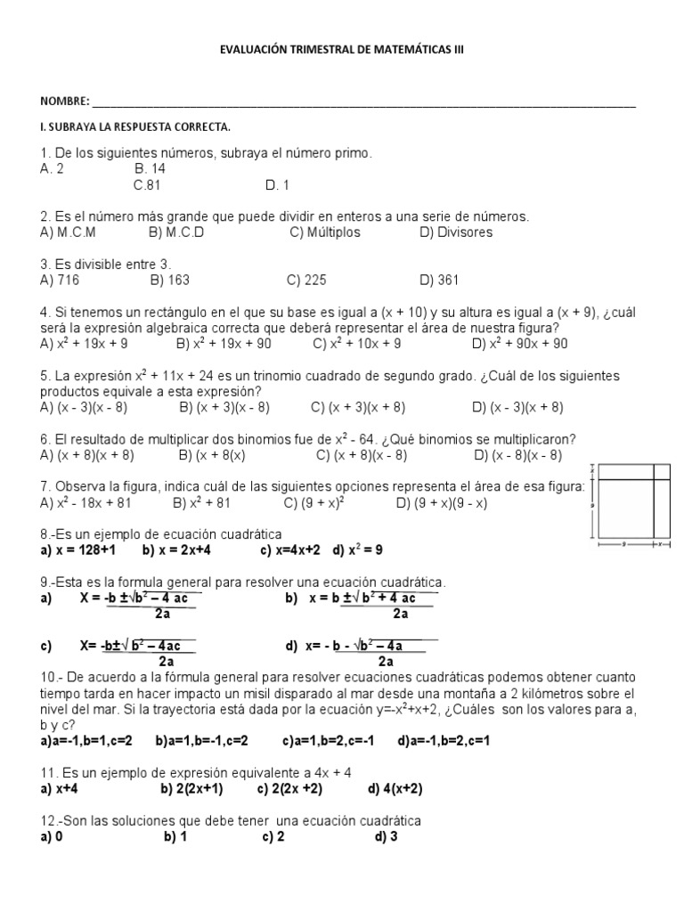 Evaluación Trimestral de Matemáticas Iii | PDF | Geometría euclidiana | Matemática Elemental