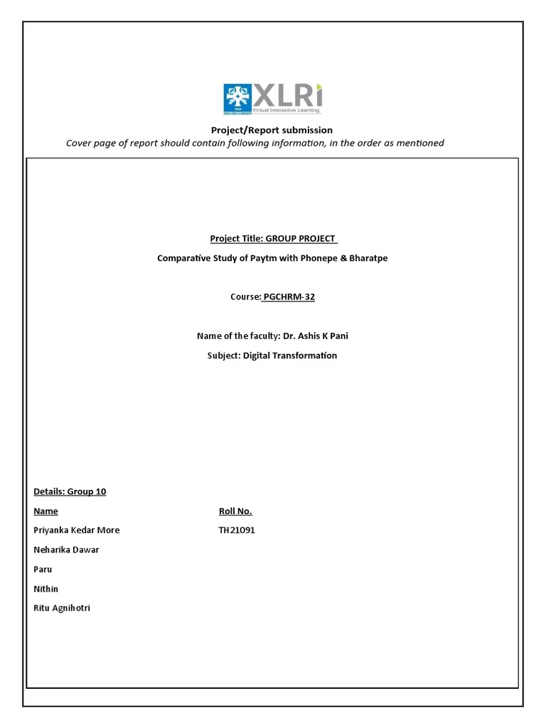 Project/Report Submission: Cover Page of Report Should Contain ...