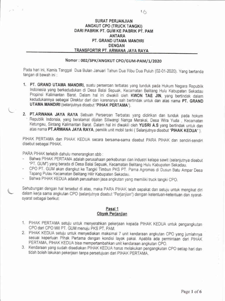 SPK. PT. Arwana Jaya Raya (Angkutan CPO) | PDF