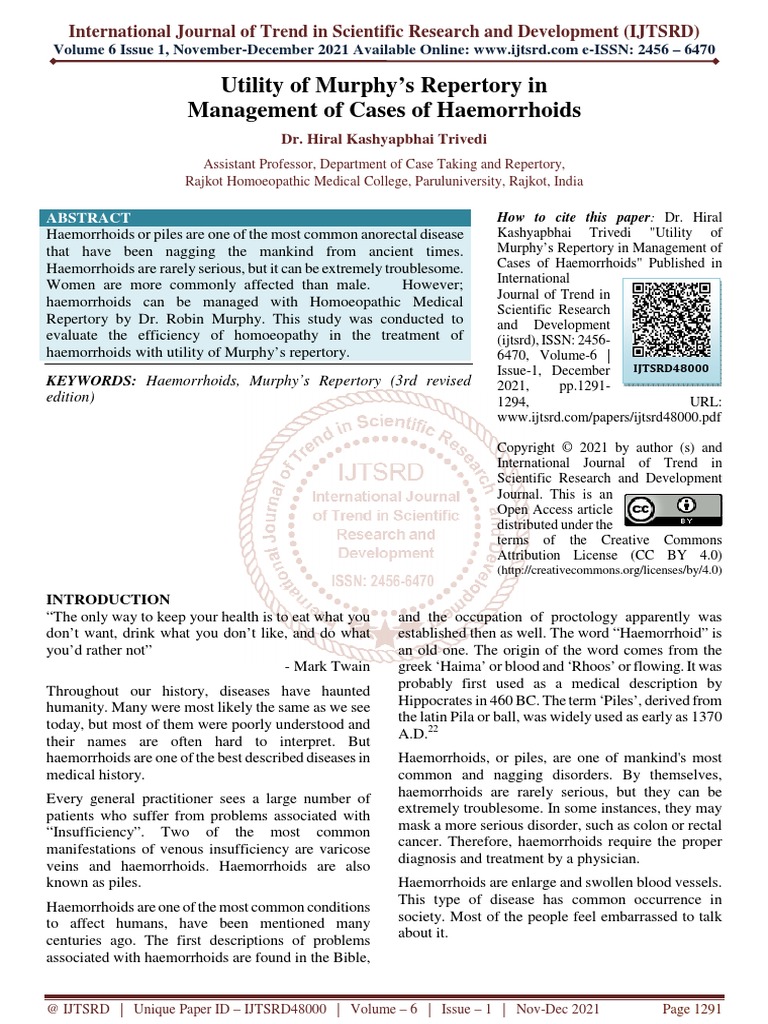 Utility of Murphy's Repertory in Management of Cases of Haemorrhoids | PDF | Hemorrhoid | Homeopathy