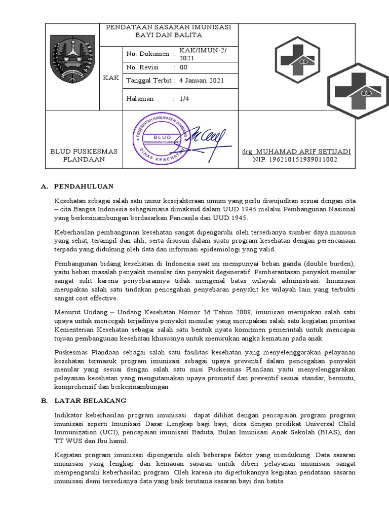 Kak Pendataan Sasaran Imunisasi Bayi Dan Balita - 20211115 | PDF