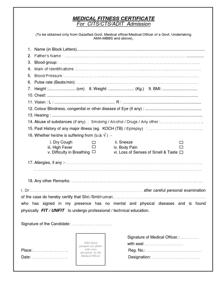 Medical Fitness Certificate For CITS Admission | PDF | Medical ...