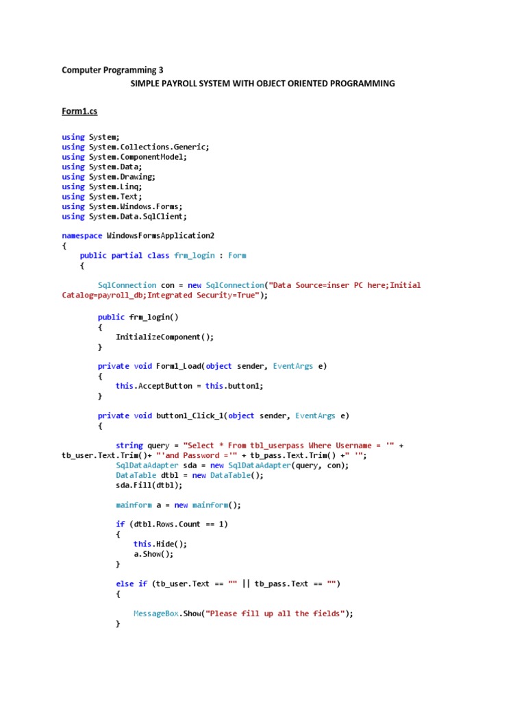 Simple Payroll System Programming | PDF | Language Integrated Query | Software