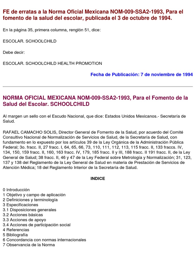 NOM 009 SSA2 1993, Salud Del Escolar | PDF | Educación de la primera ...