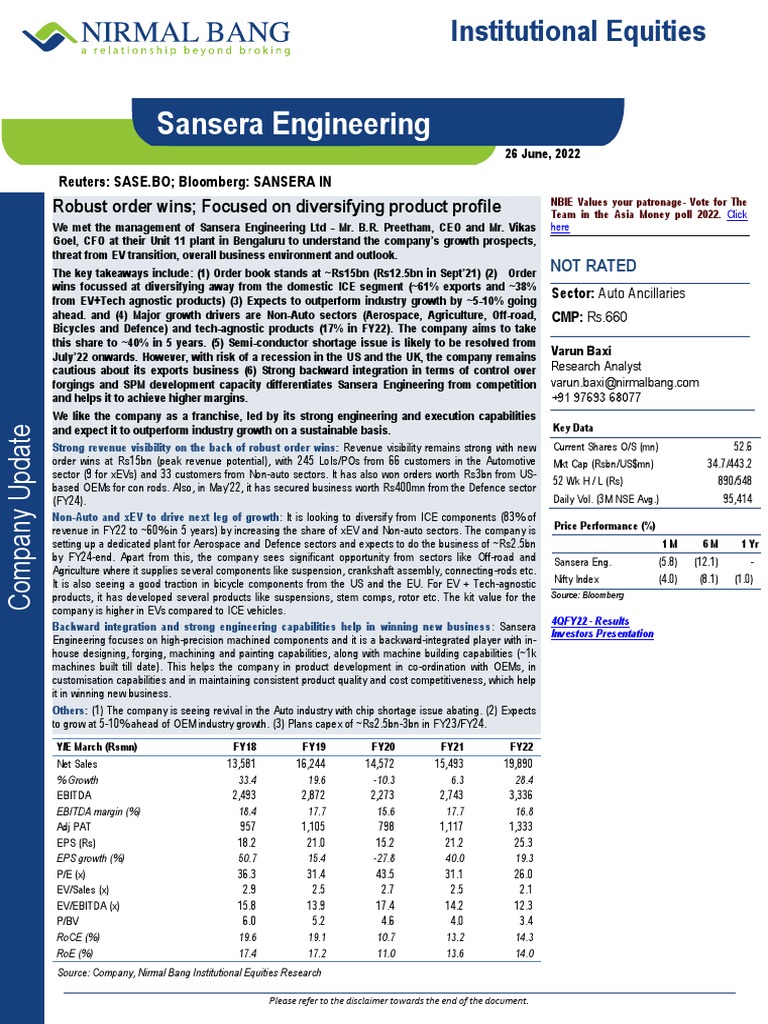 Sansera Engineering LTD - Company Update - 26 June 2022 - Nirmal Bang ...