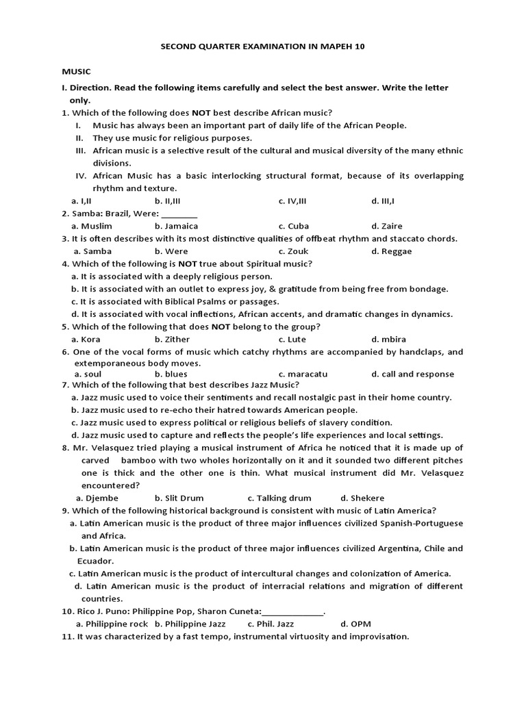 MAPEH 10 EXAM WITH ANSWER KEY - 2nd QUARTER | PDF | Jazz | Physical Fitness