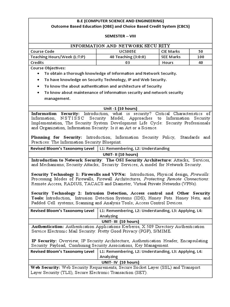 Syllabus - UCS005E-Information and Network Security | PDF | Computers