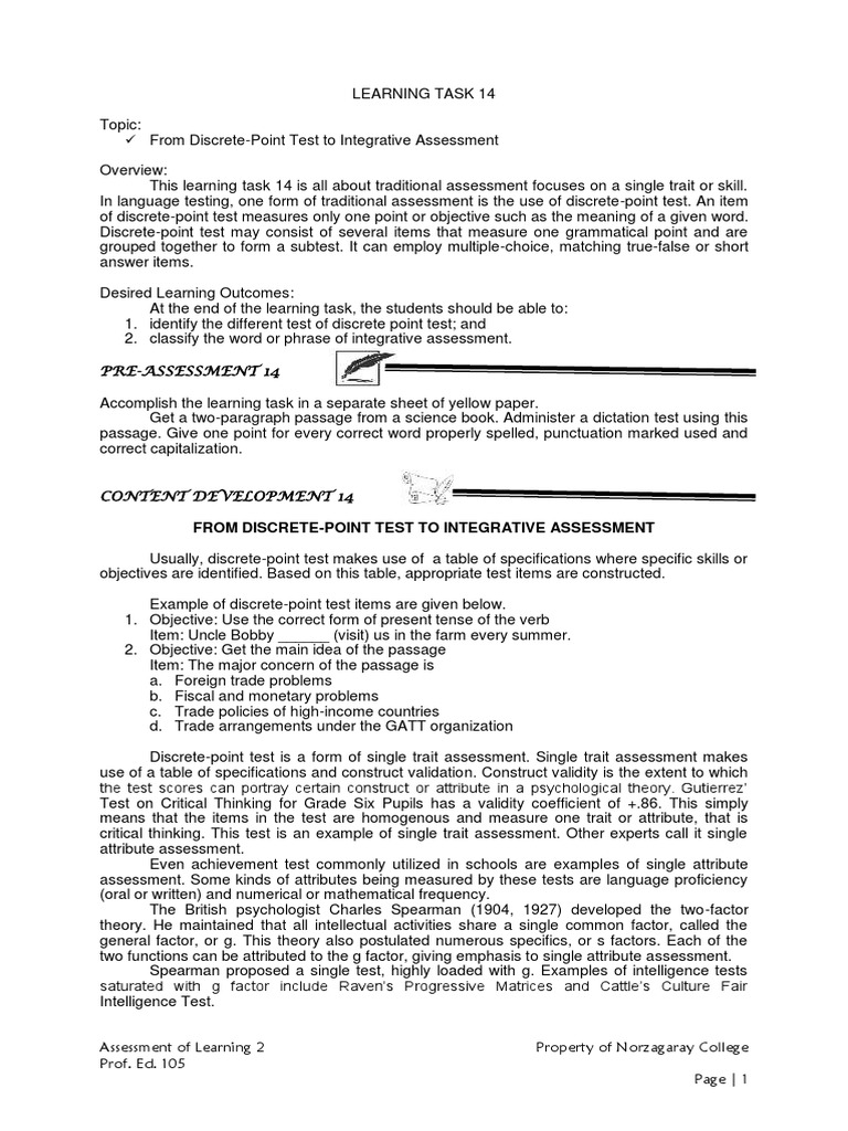 From Discrete-Point Test To Integrative Assessment | PDF | Educational ...